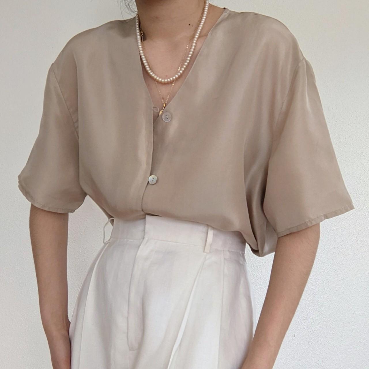 Minimal vintage taupe 100% silk button-up tunic... - Depop
