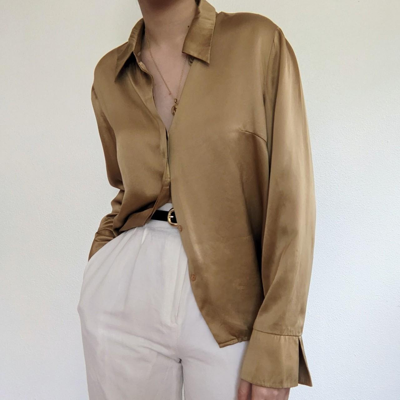 Stunning vintage liquid gold 100% silk button-up... - Depop