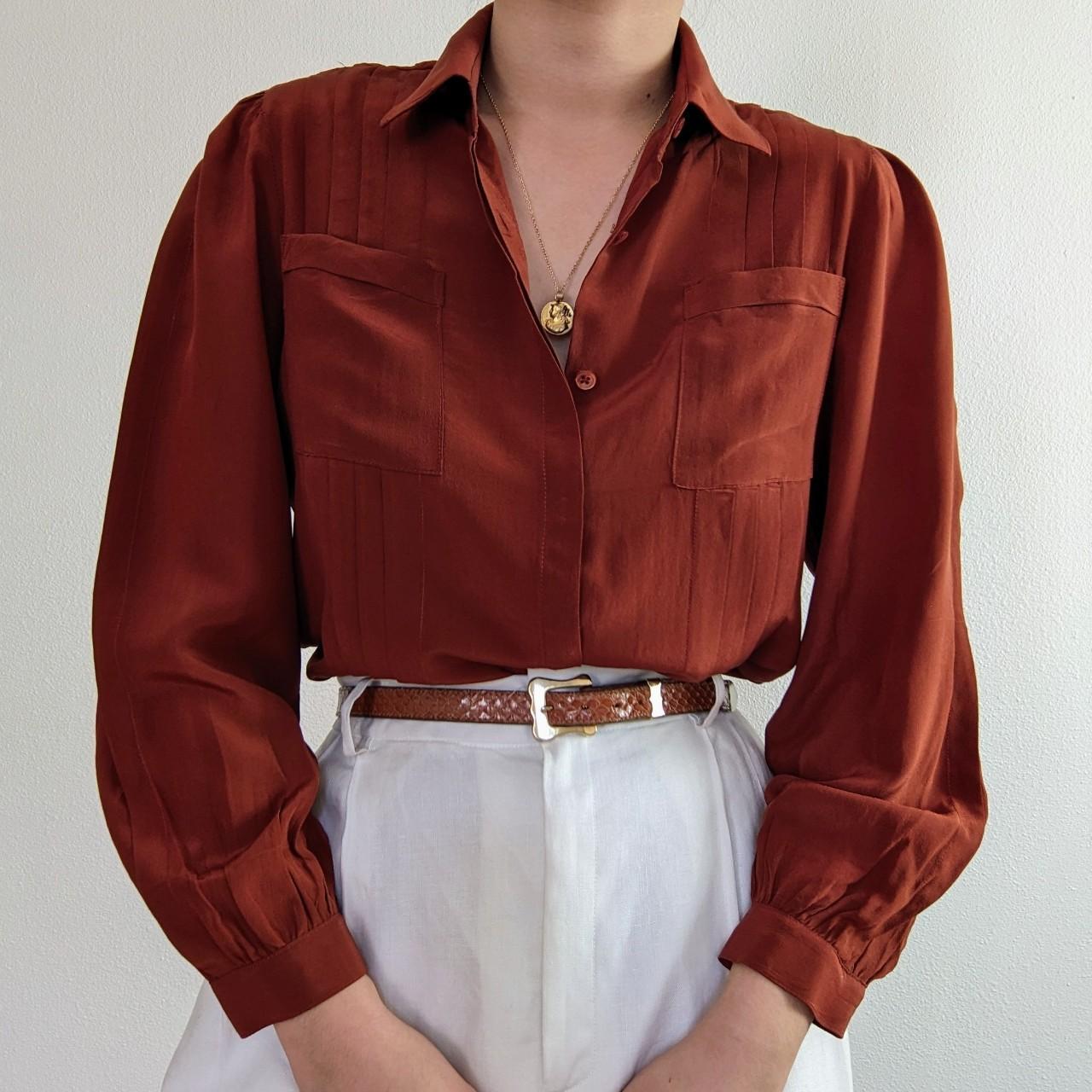 Stunning vintage cinnamon 100% silk button-up... - Depop