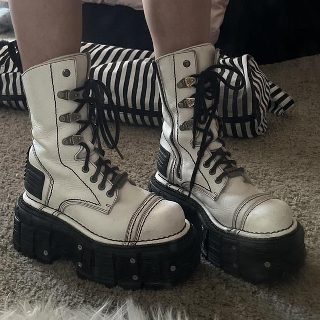 New Rock Women's White and Black Boots | Depop