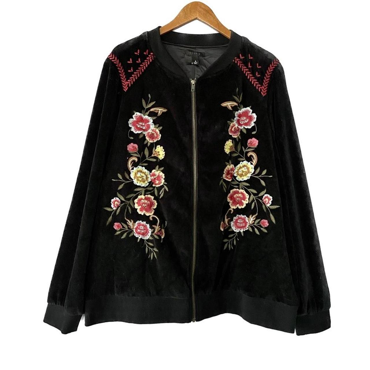 TORRID Floral Embroidered Black Velvet Bomber Jacket... - Depop