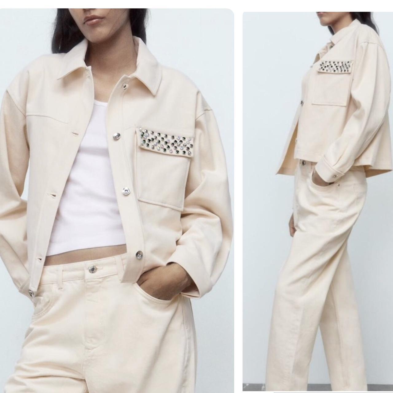 Zara cream cropped jacket features front patch... - Depop