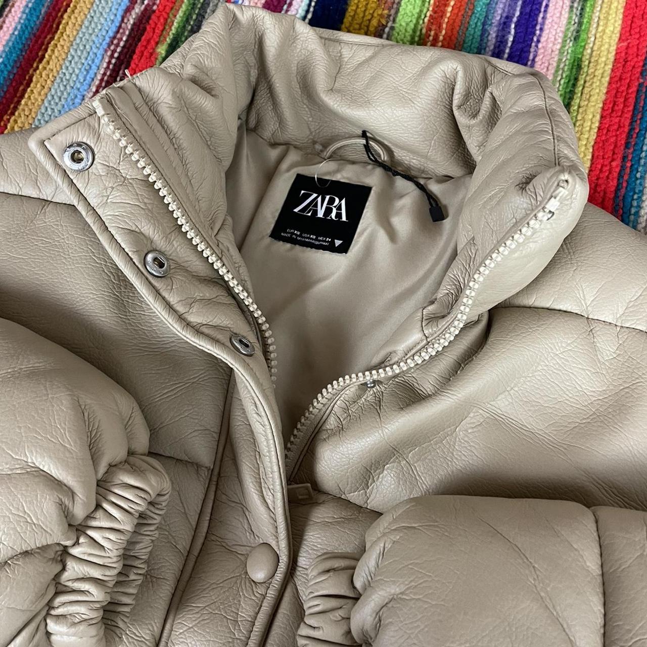 Brand new tan pleather cropped Zara puffer jacket.... - Depop
