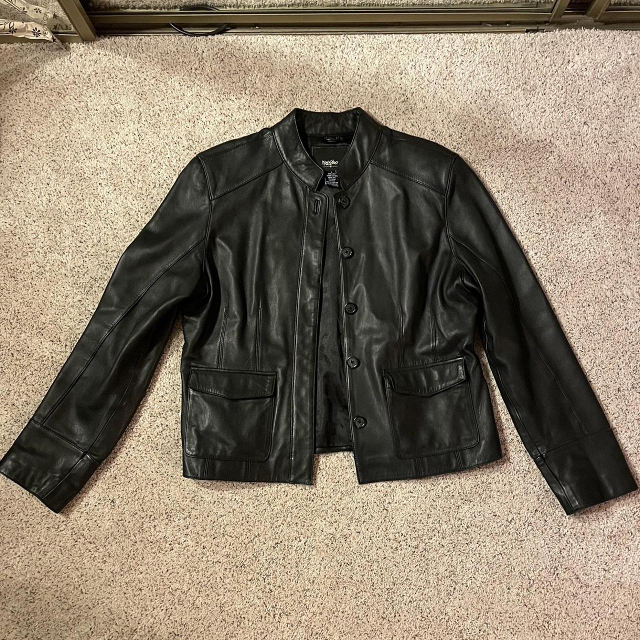 -Vintage real leather Mossimo bomber jacket -Sits... - Depop
