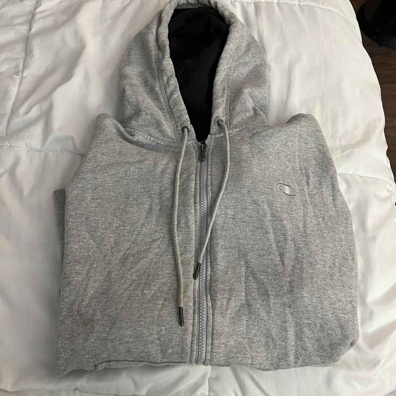 Grey champion zip up hoodie Size large - Depop