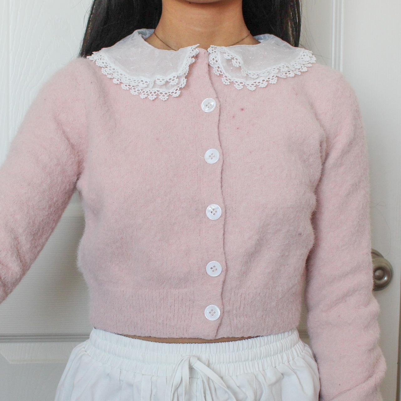 pink lace collared sweater ! ︎ size // x-small to... - Depop