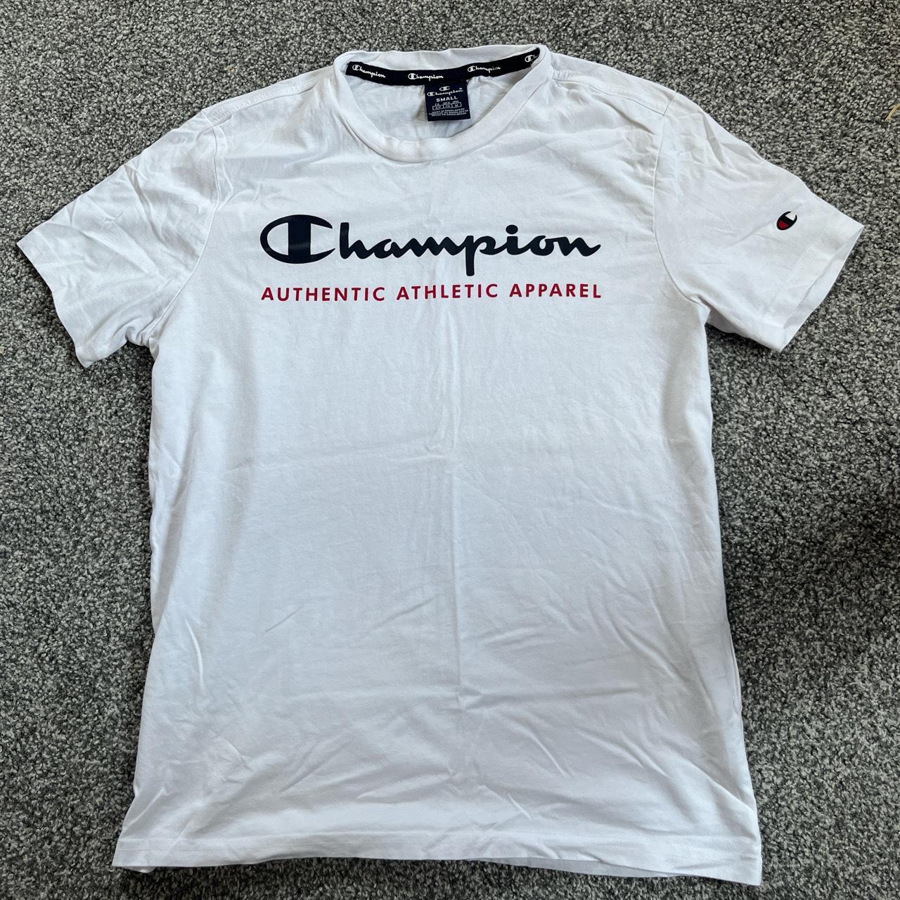 White Champion T-shirt, black logo and red... - Depop