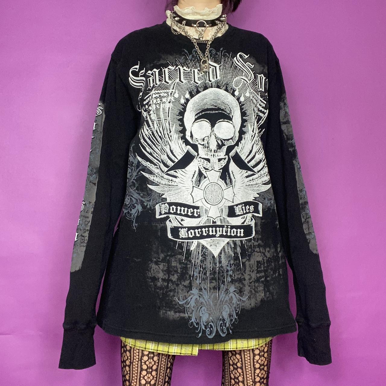 cyber y2k mallgoth skull graphic shirt by Sacred... - Depop