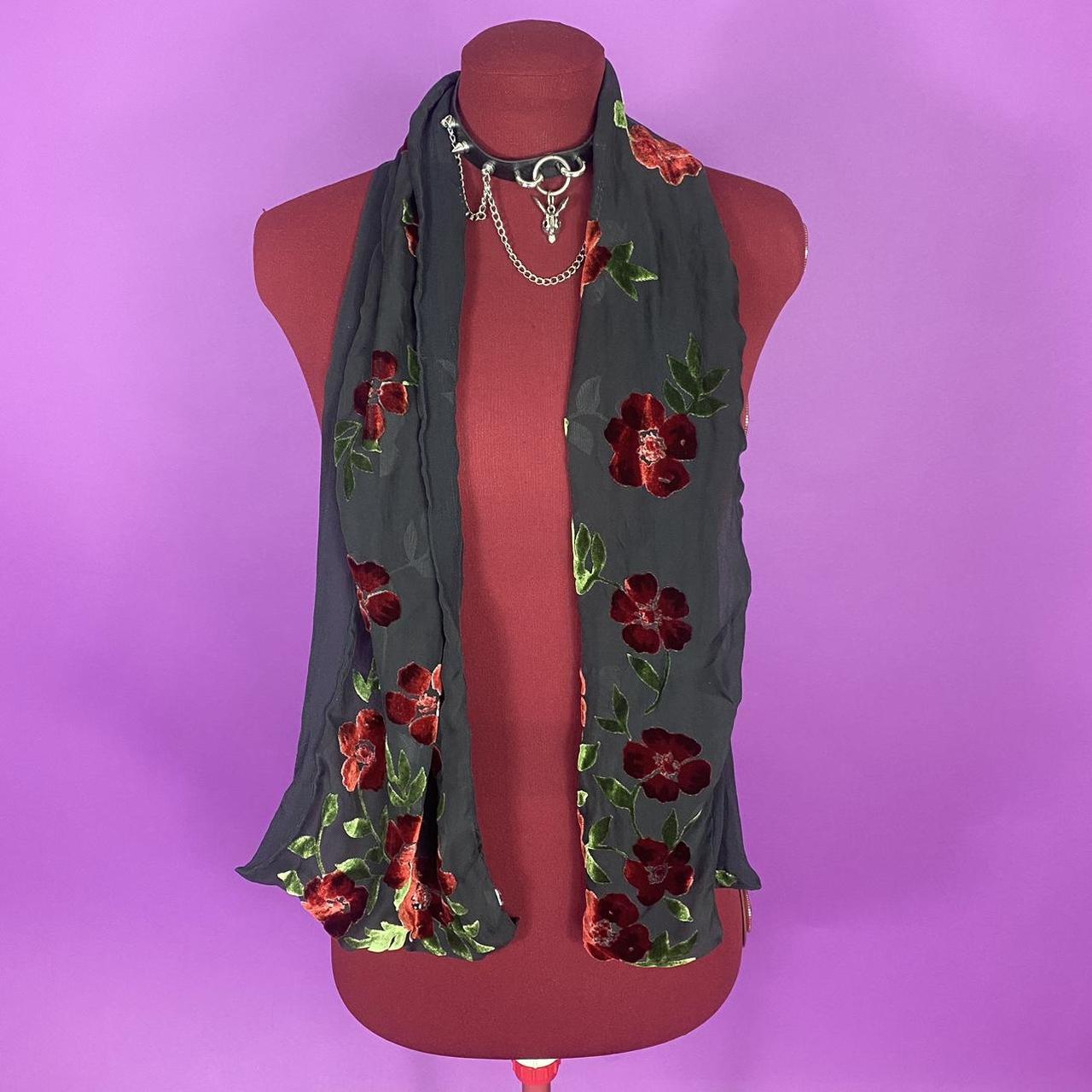 vintage floral scarf black 90s silky scarf with red... - Depop