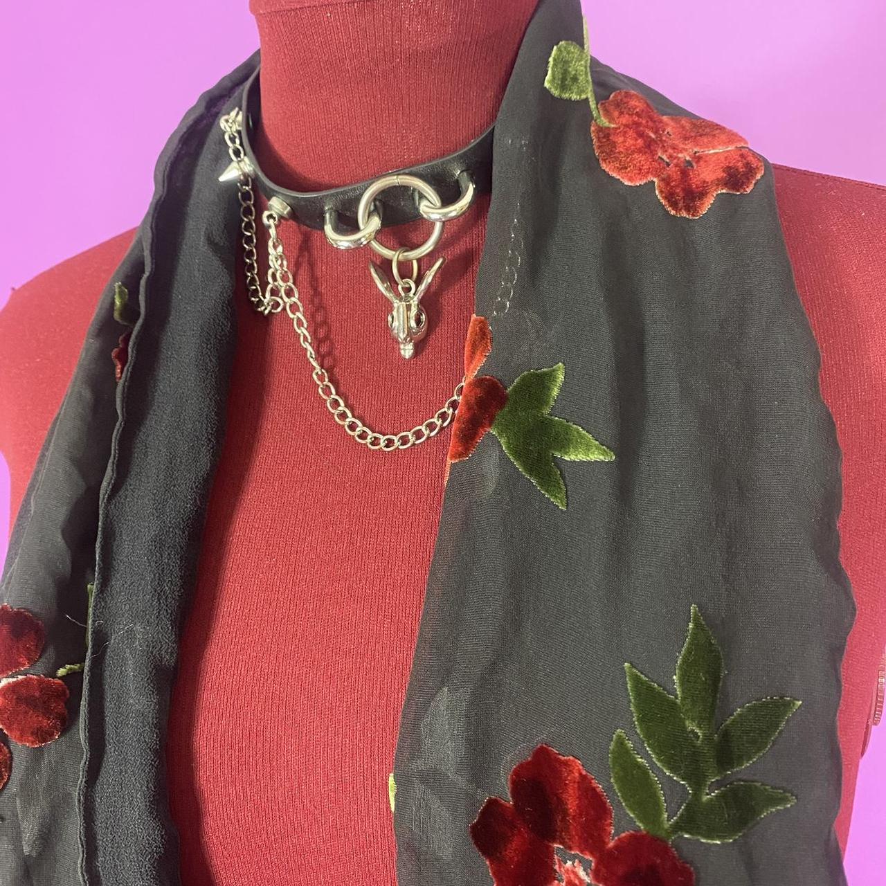 vintage floral scarf black 90s silky scarf with red... - Depop