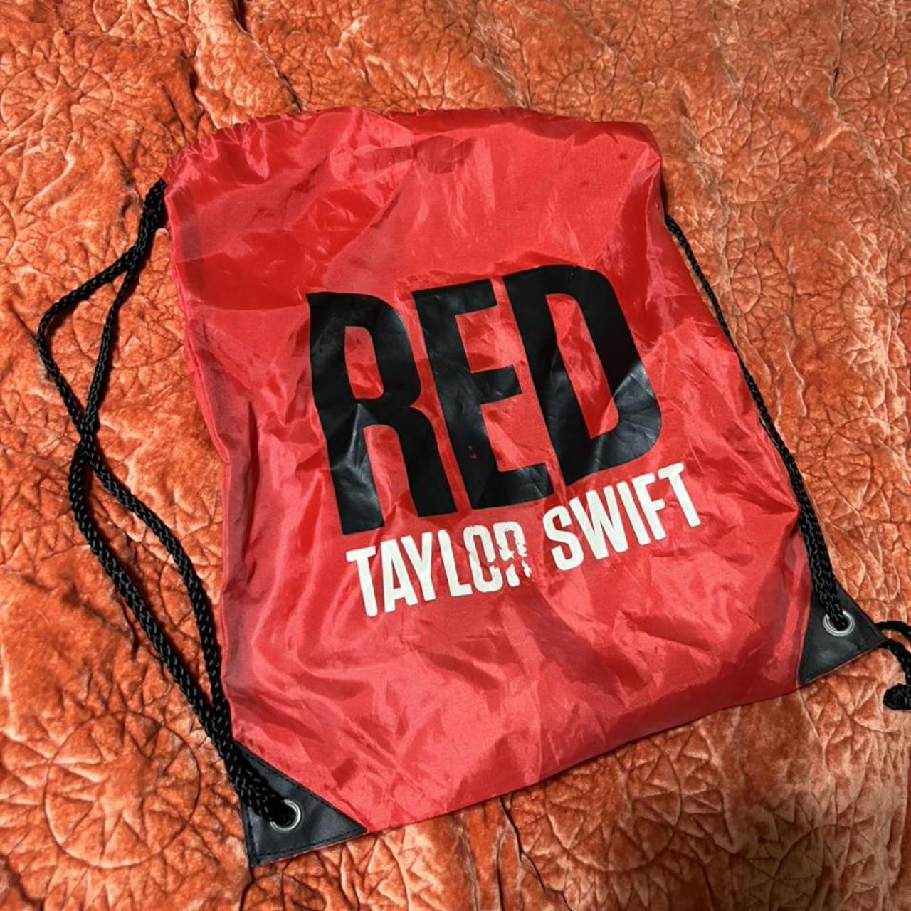 Taylor Swift Red draw string backpack, letters are... - Depop