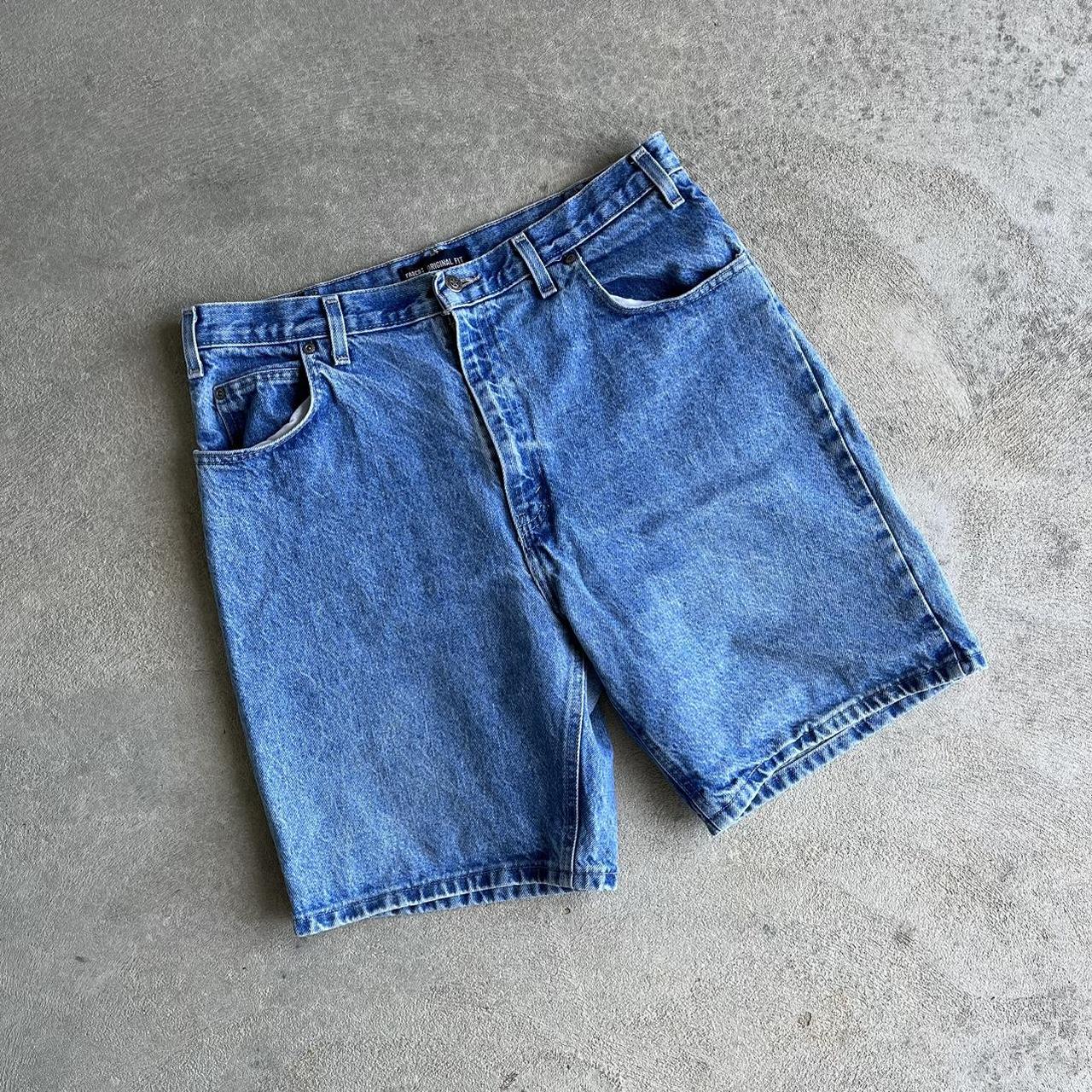vintage faded glory baggy denim shorts. knee length,... - Depop