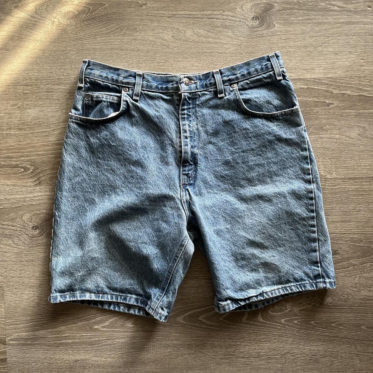 vintage faded glory baggy denim shorts. knee length,... - Depop