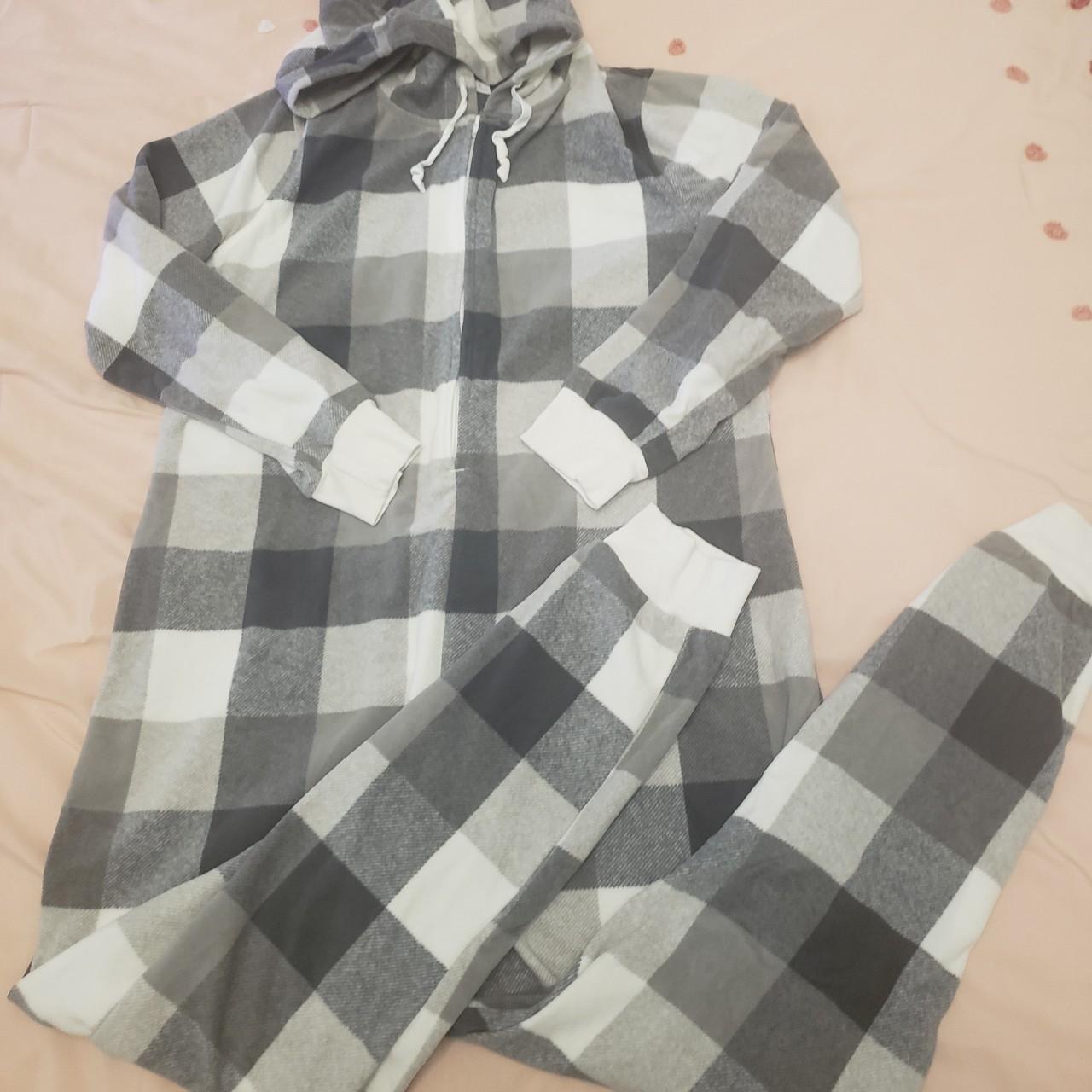 Plaid full body pajama suit features a zipper and a... - Depop