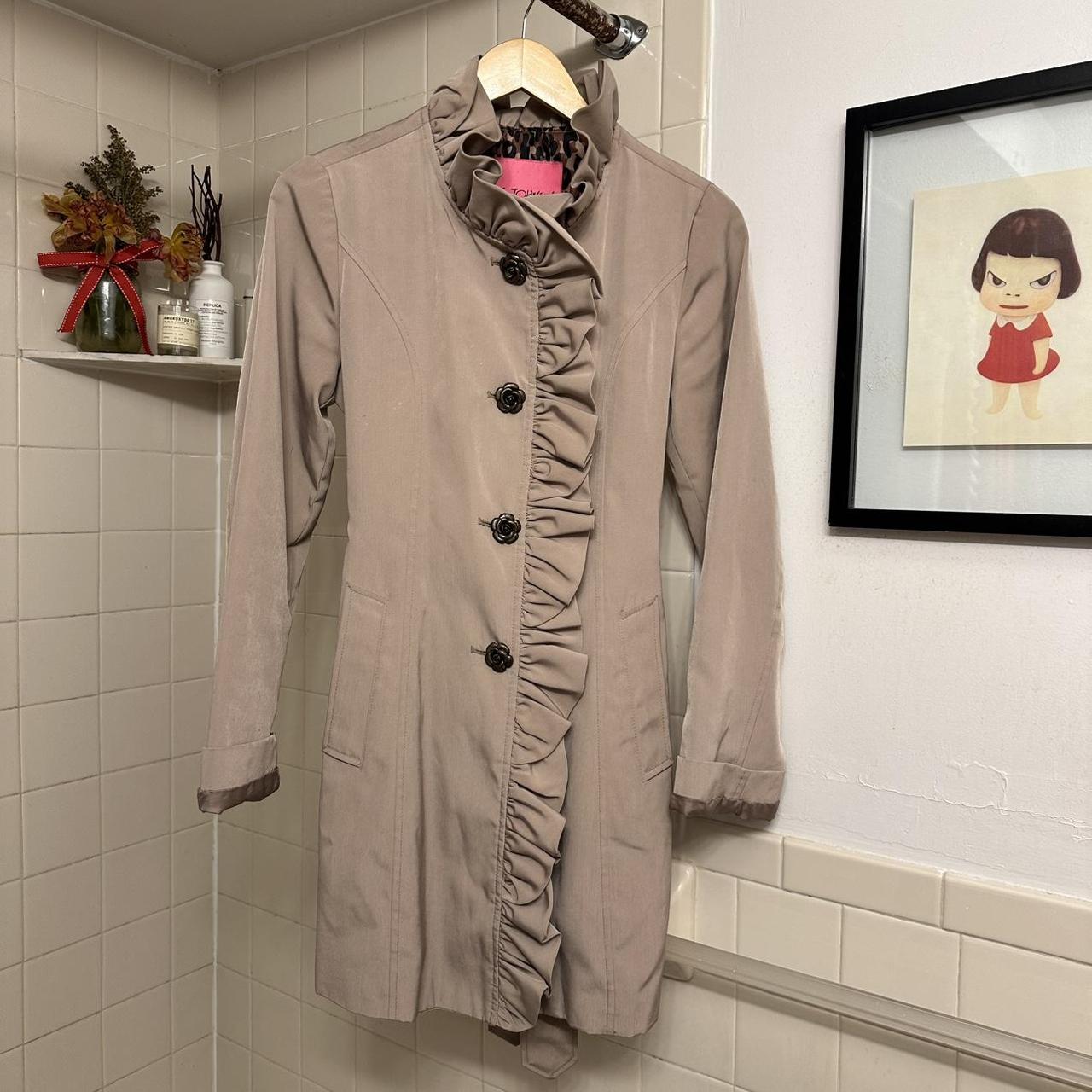 Vintage Khaki Ruffle Coat with Rose Buttons 🖤 ~... | Depop