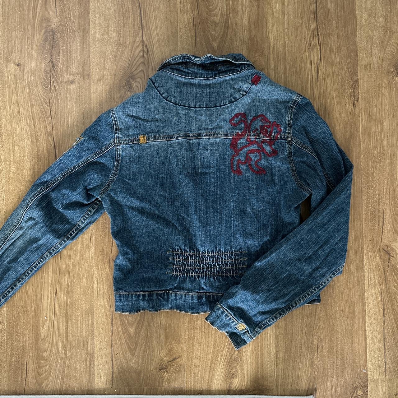 rare y2k denim moto style jacket with embroidery... - Depop