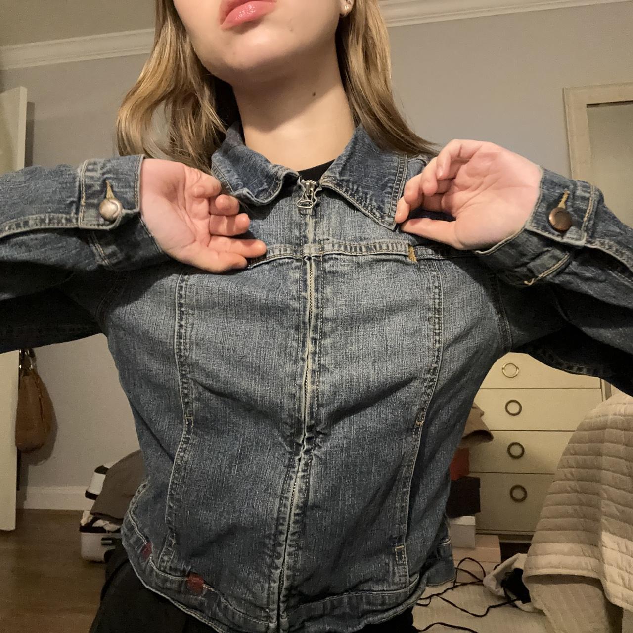 rare y2k denim moto style jacket with embroidery... - Depop