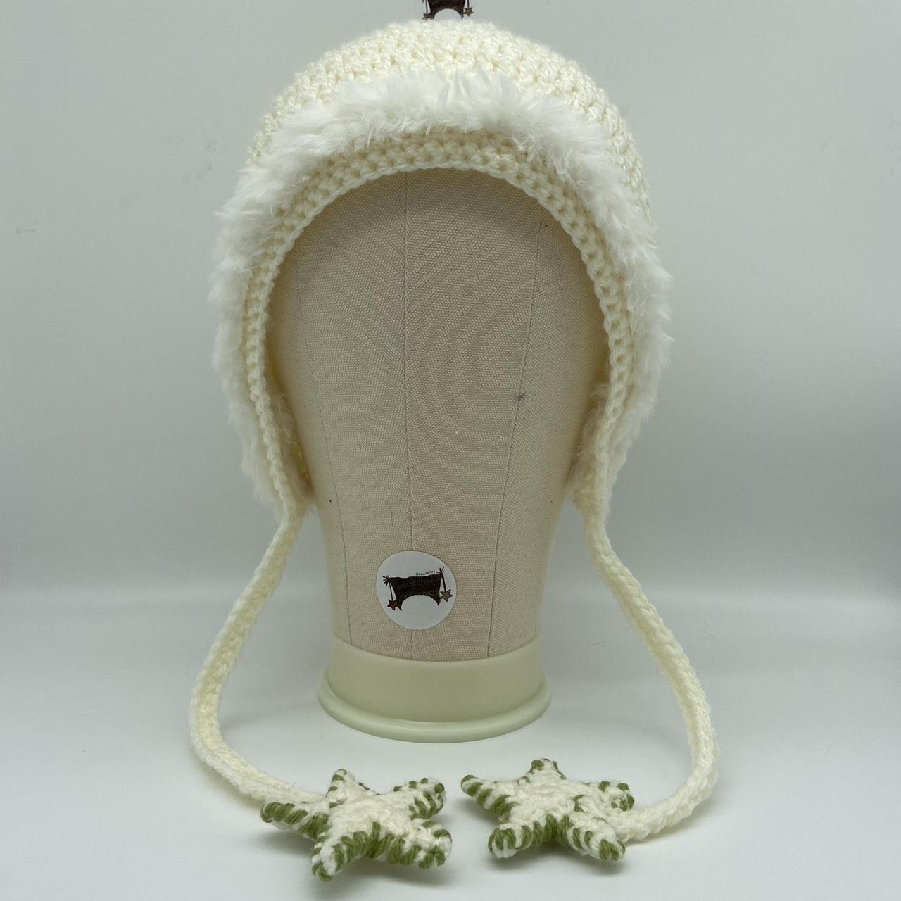 Cream crochet bonnet style hat with faux fur trim... - Depop