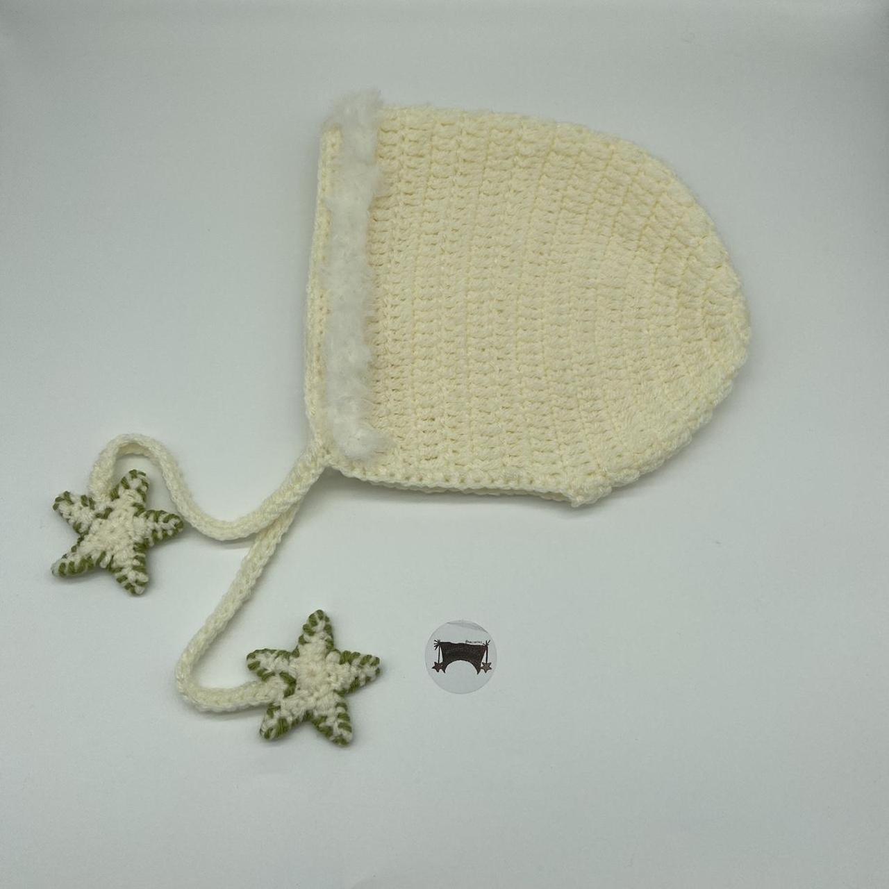Cream crochet bonnet style hat with faux fur trim... - Depop