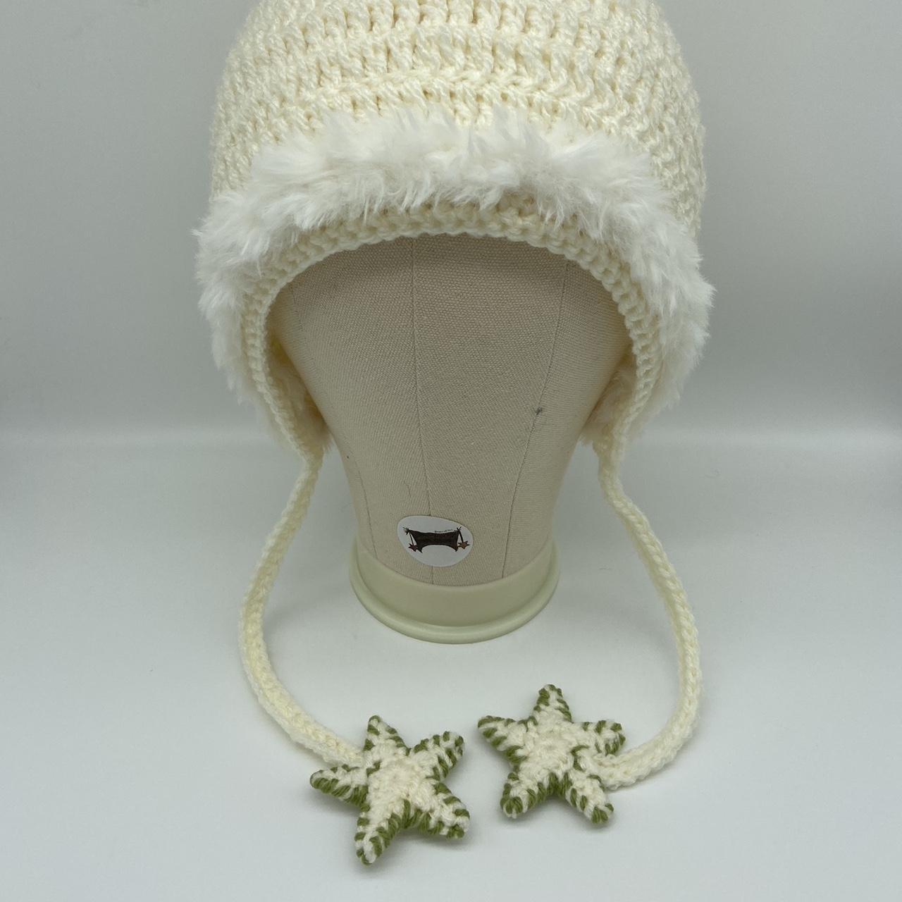 Cream crochet bonnet style hat with faux fur trim... - Depop