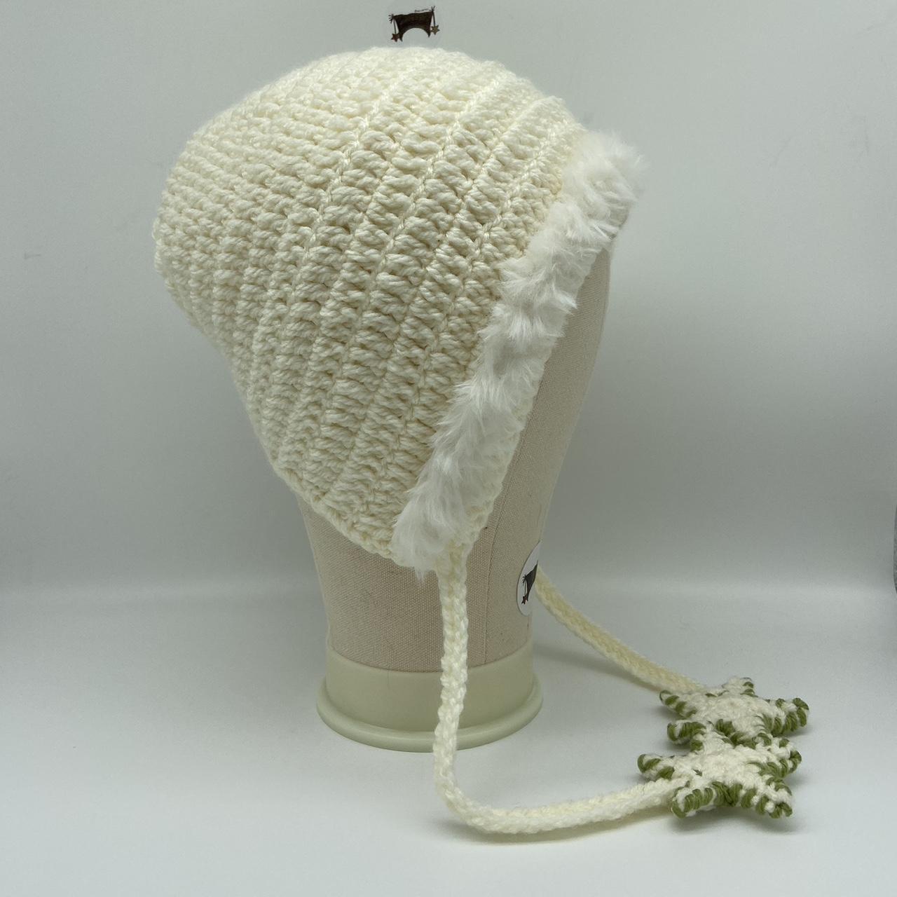 Cream crochet bonnet style hat with faux fur trim... - Depop