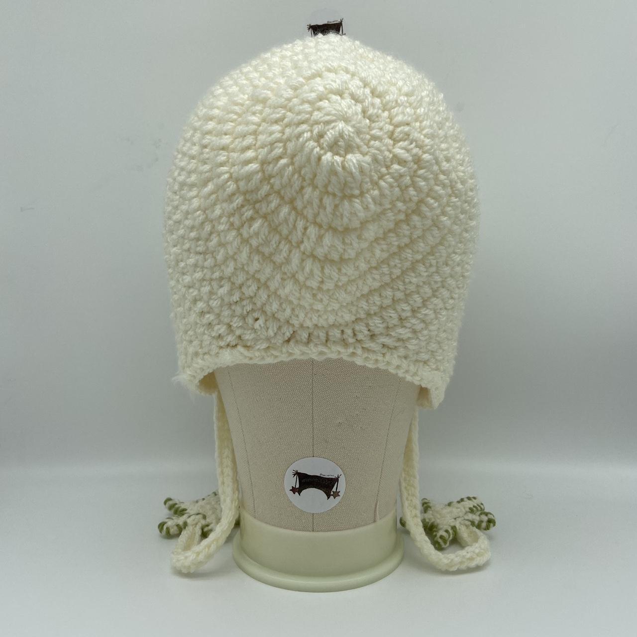 Cream crochet bonnet style hat with faux fur trim... - Depop