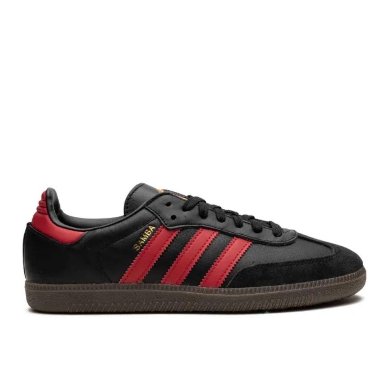 Adidas sambas black with red stripes Great... | Depop