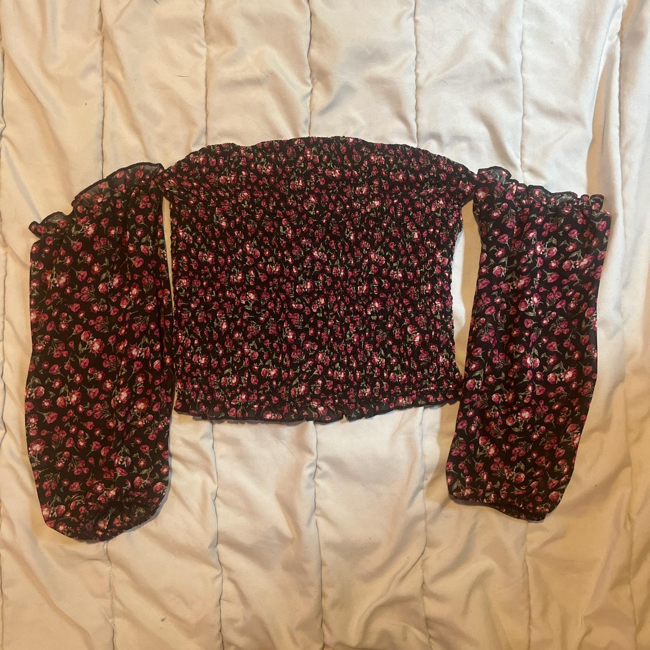 black and red floral pattern ruched bandeau -esque... - Depop