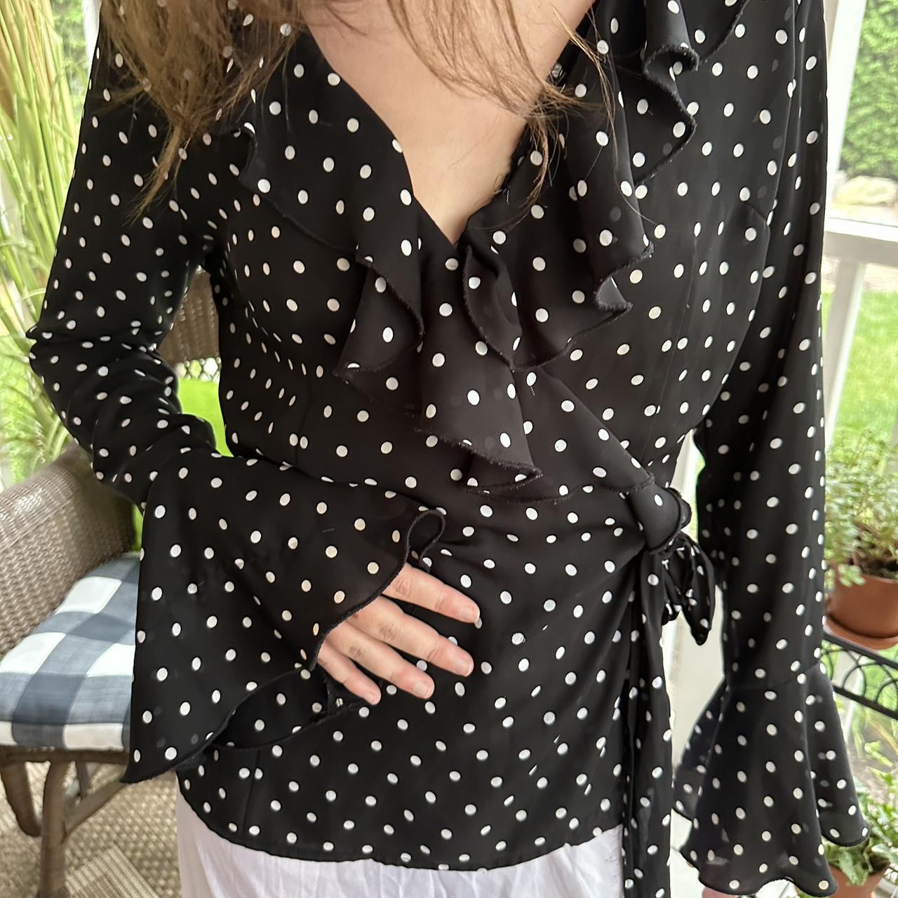 Black and white polka dot top with frills! Ties on... - Depop