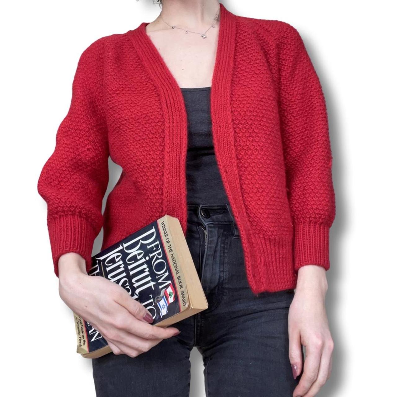 Red cropped shell cardigan knit textured, slightly... - Depop