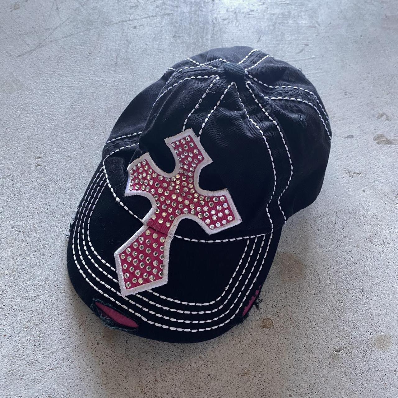 Y2K BLACK AND HOT PINK RHINESTONE CROSS CAP White... - Depop