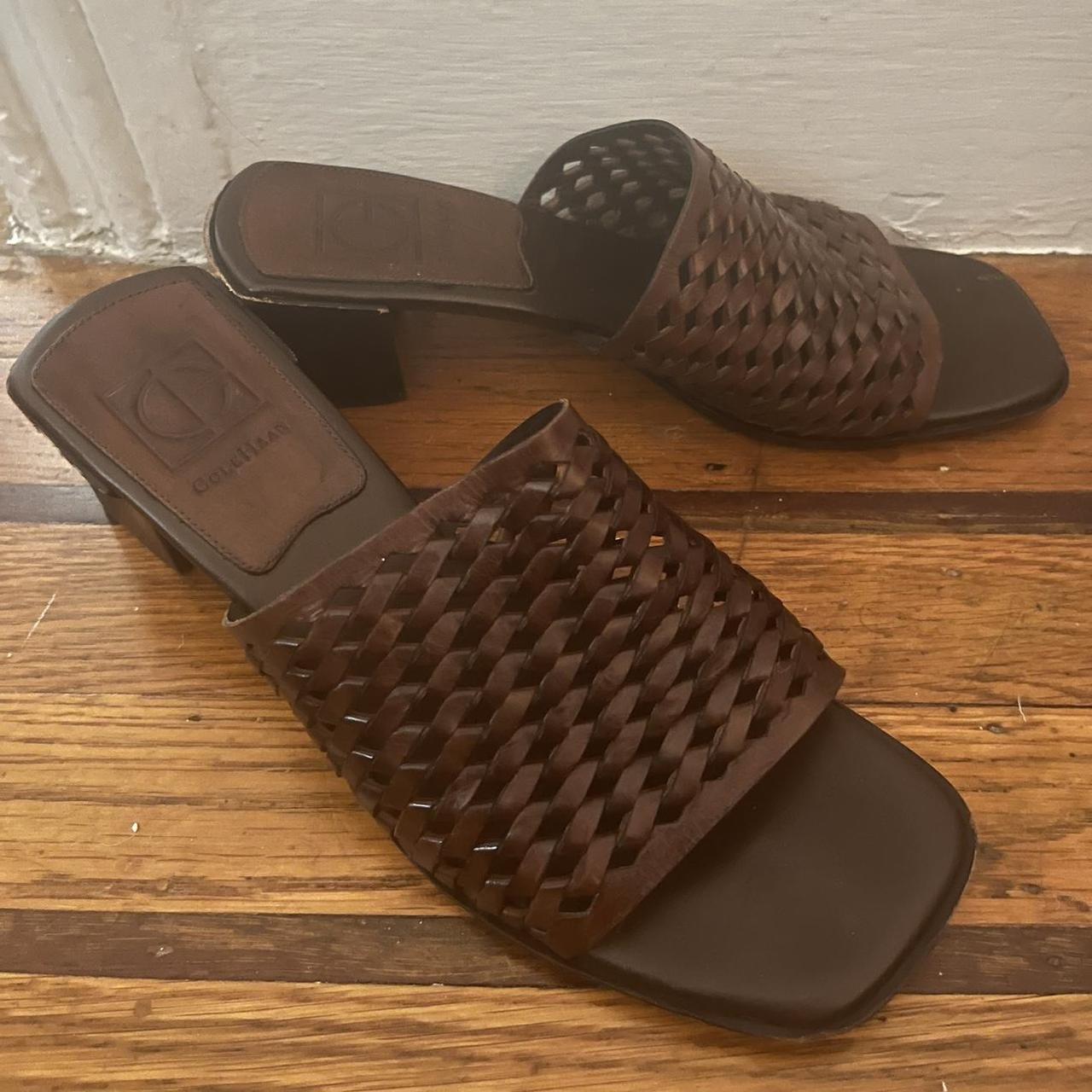 Vintage 90s square toe woven leather mule sandals... - Depop