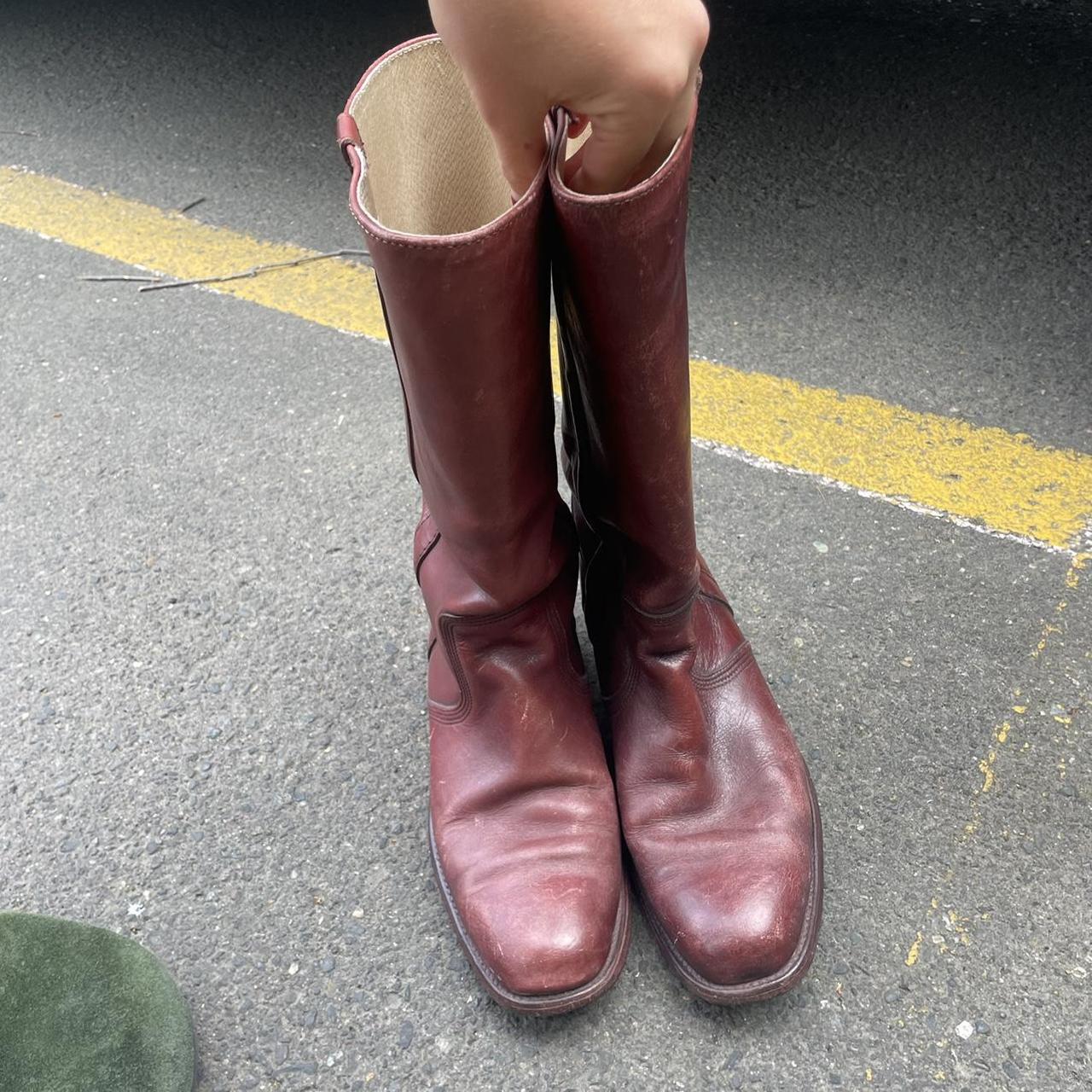 Frye Women's Red and Burgundy Boots | Depop