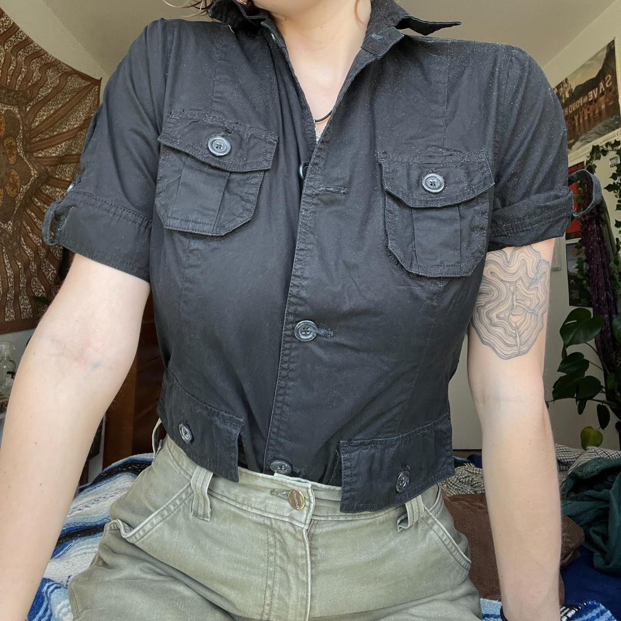 black utility workwear button up shirt. pretty... - Depop