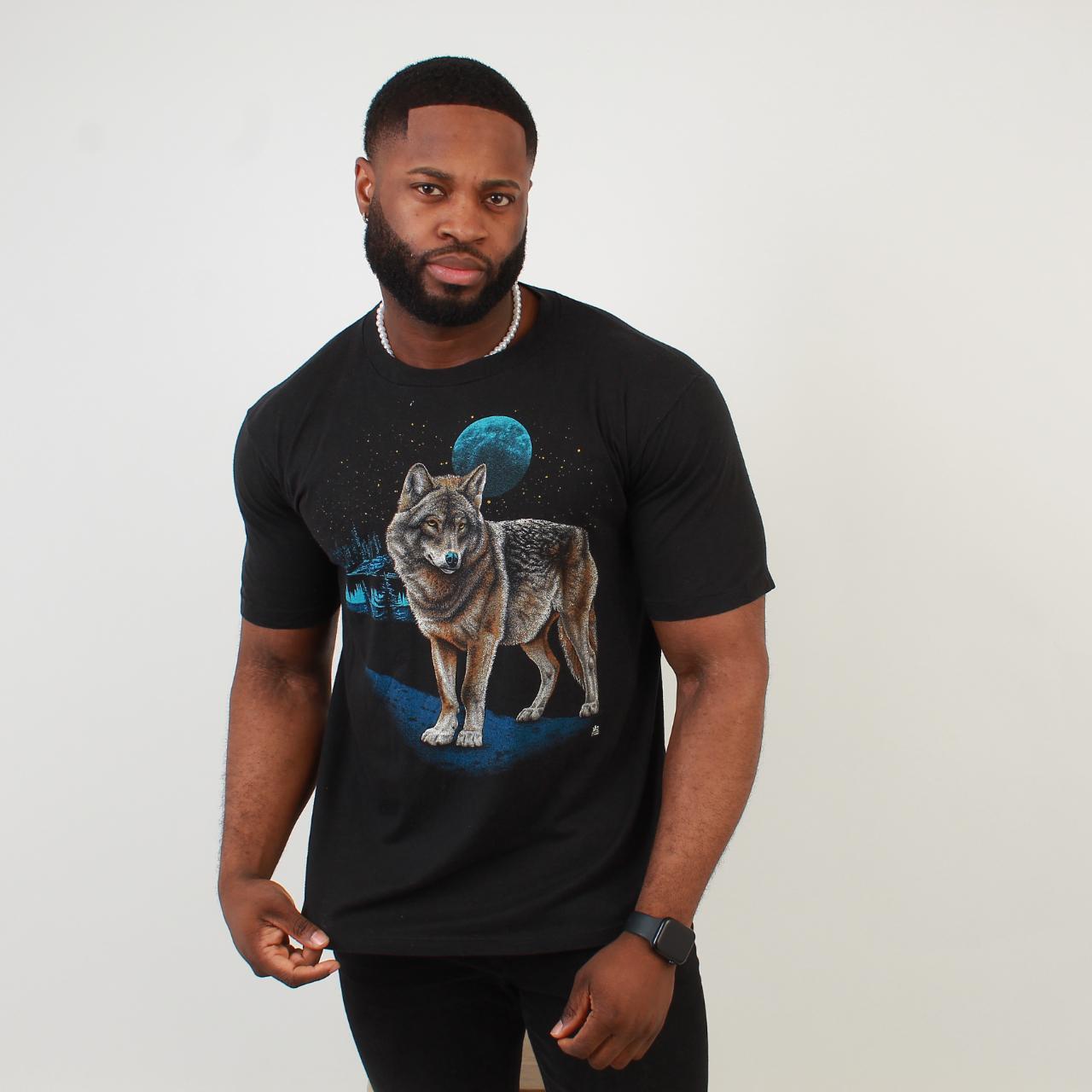 "Vintage Black Wolf Graphic T-Shirt - Size On... - Depop