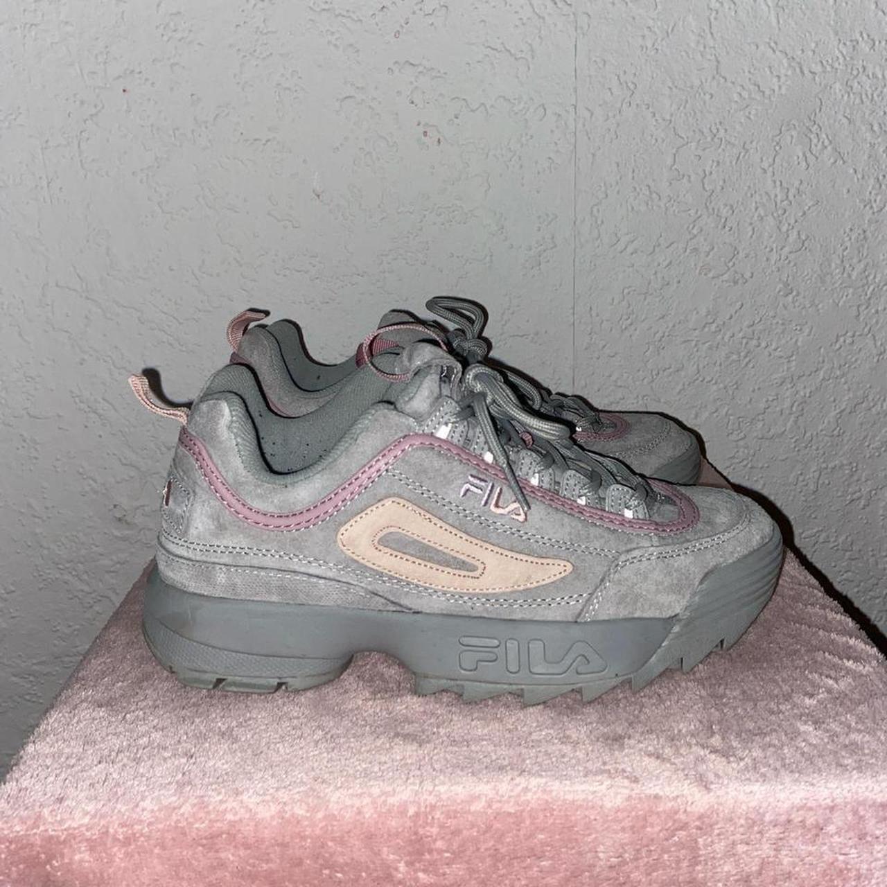 Fila disruptor sneakers in grey with baby pink... - Depop