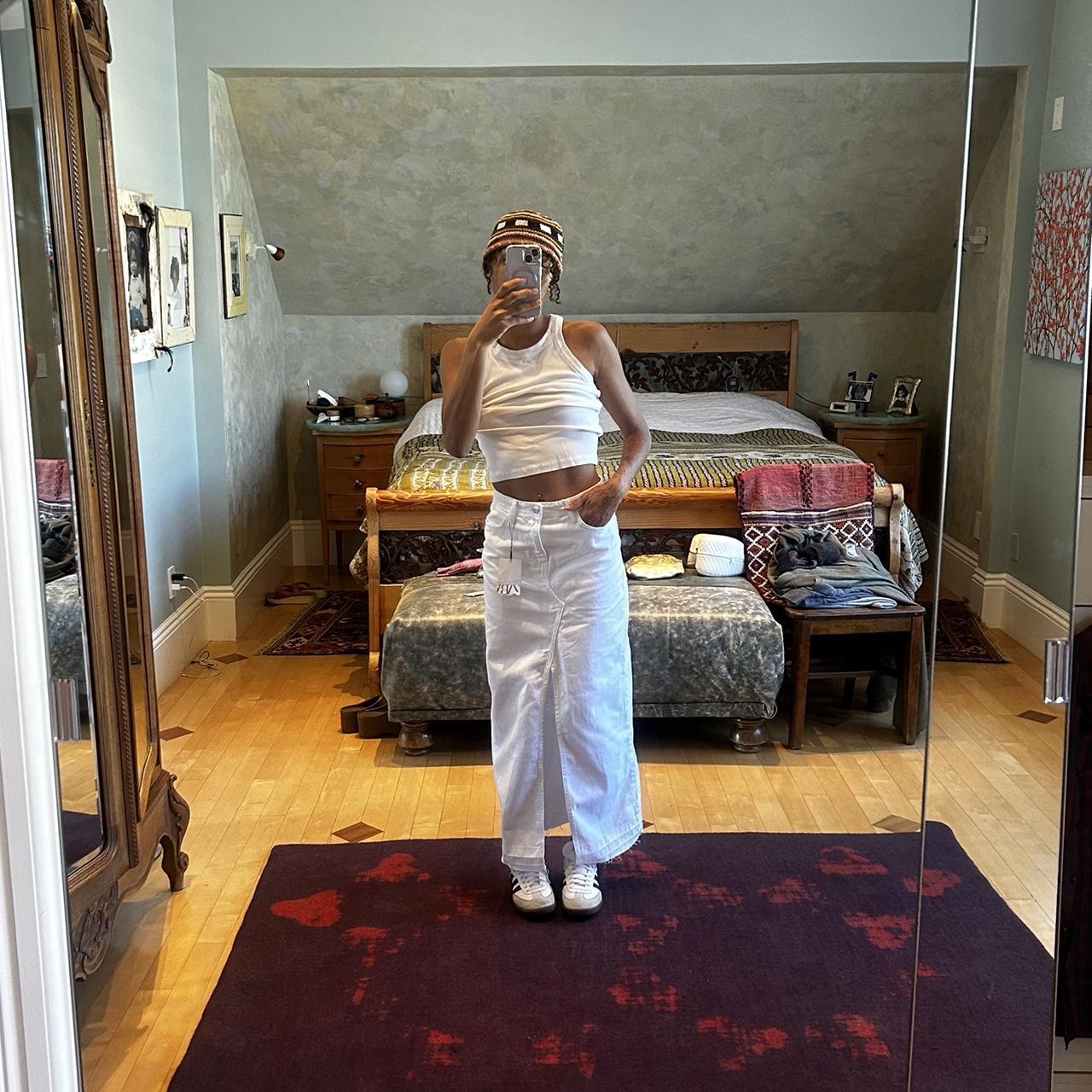 Zara long white denim skirt! New with tags size sx!... - Depop