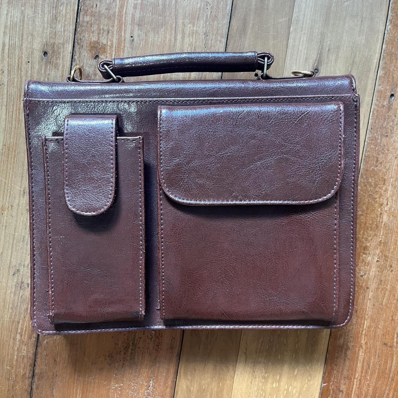 Brown/maroon leather briefcase, multiple pockets... | Depop