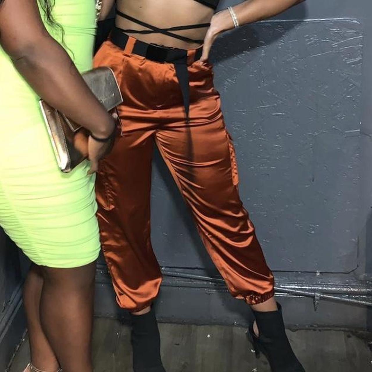 Silky burnt orange cargo pants. High waisted. Size... - Depop