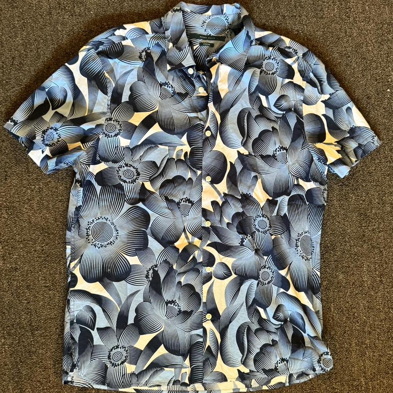Large Stretch Perry Ellis Button Up Polo Blue Flower... - Depop