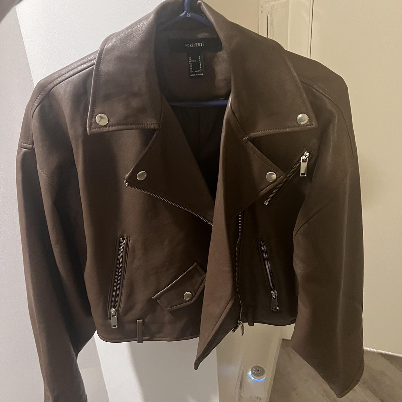 Forever 21 brown leather moto jacket size small #jacket - Depop