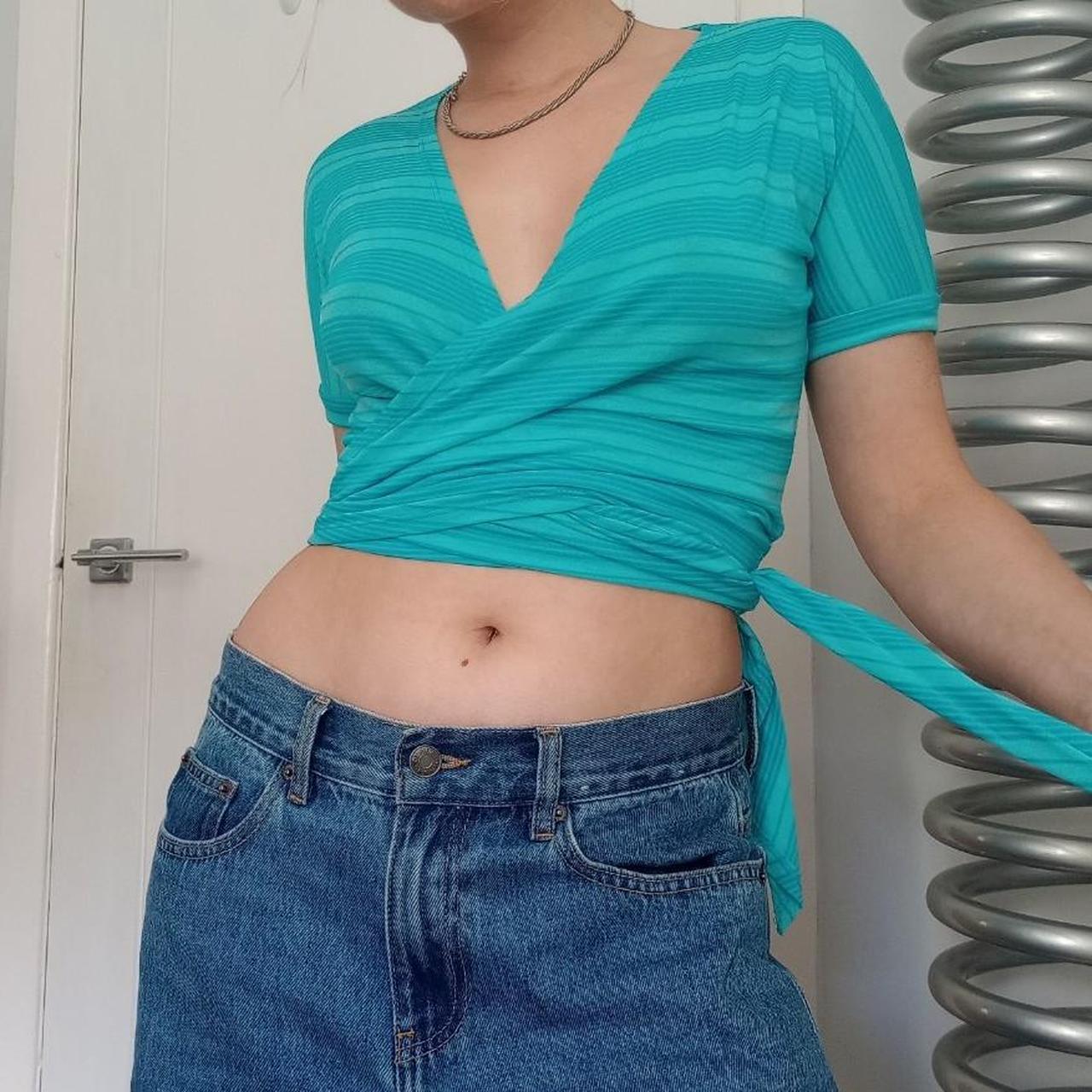 blue turquoise striped short sleeve tie up wrap... - Depop