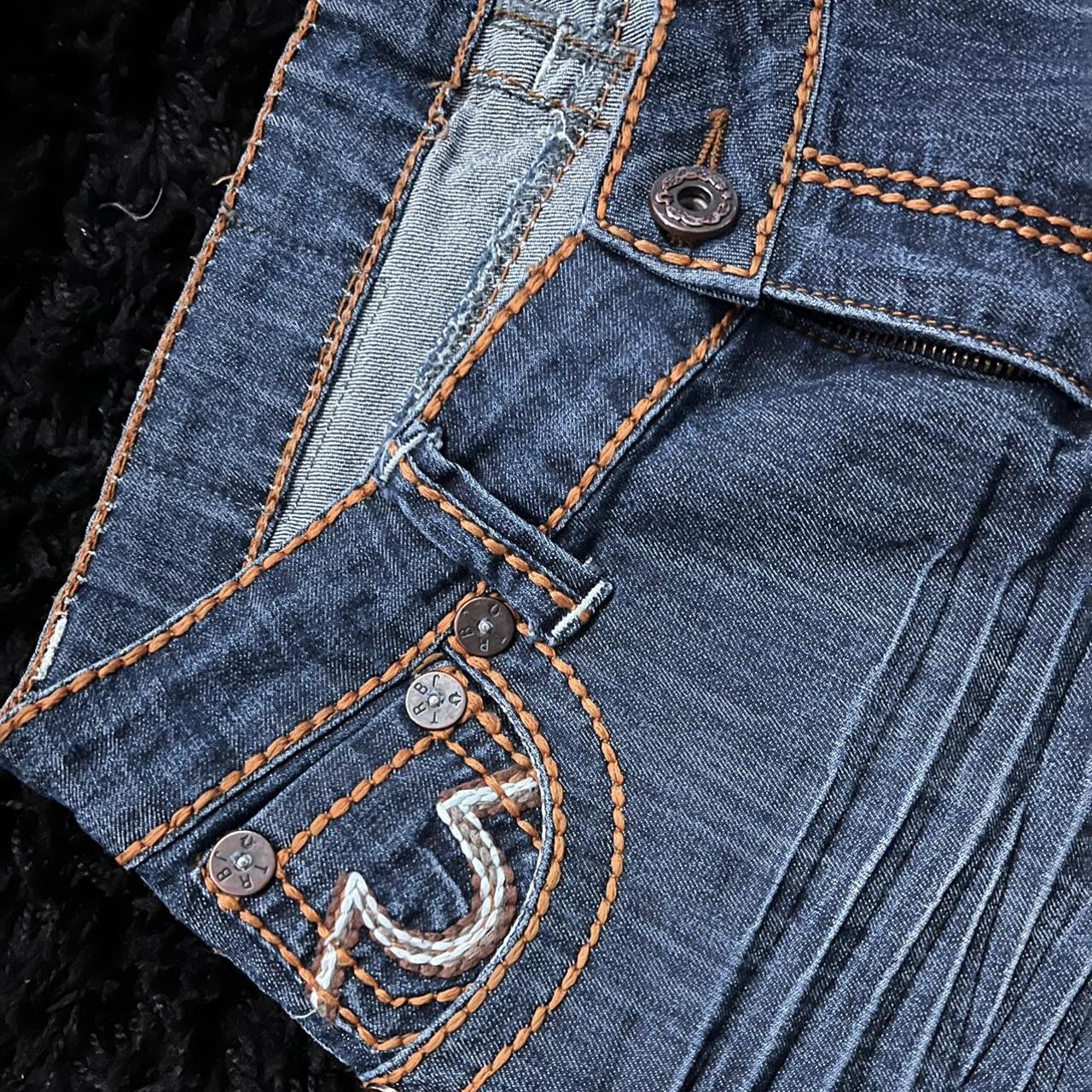 Brown and white contrast stitch true religion jeans... - Depop