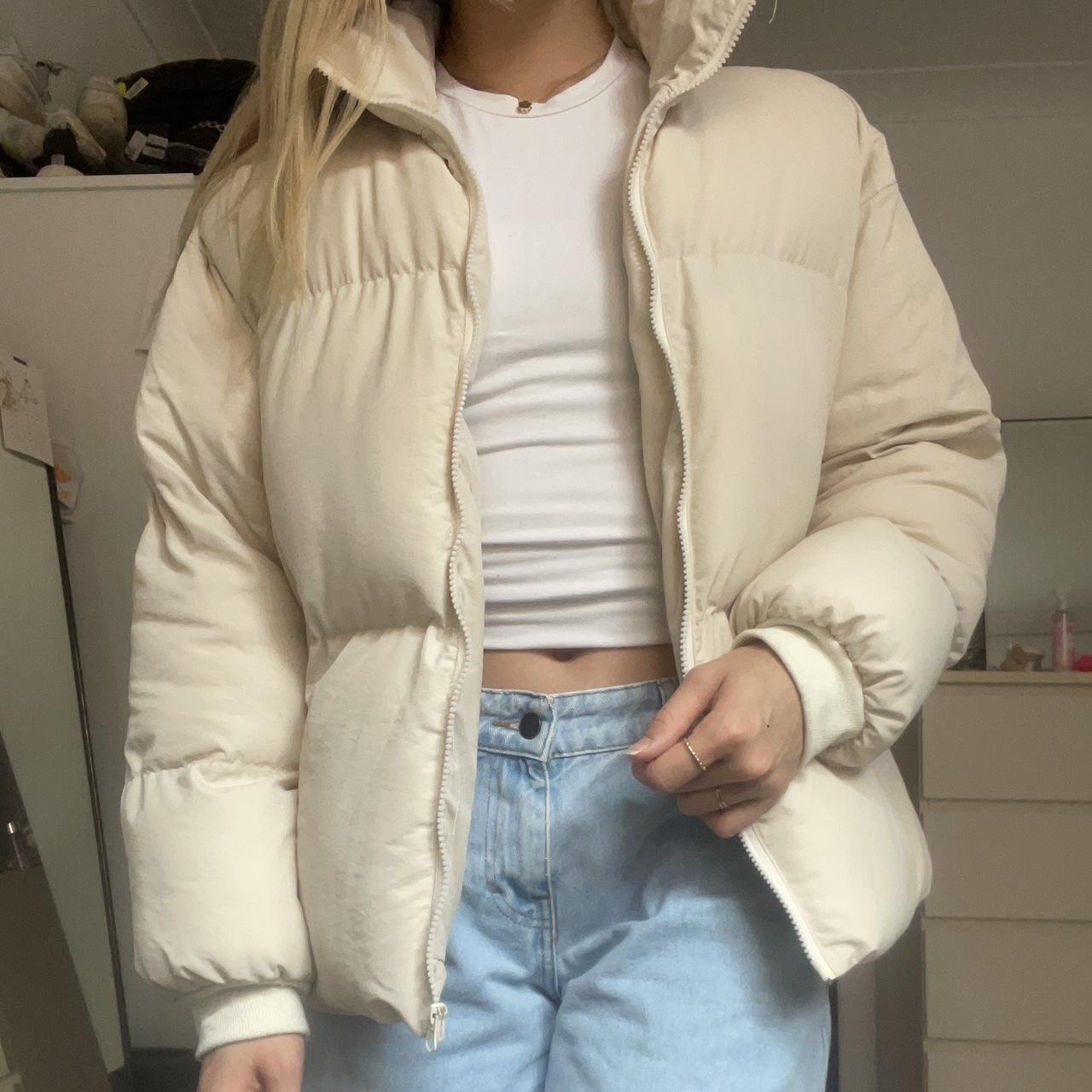 hip length beige puffer jacket Size small, purchased... - Depop