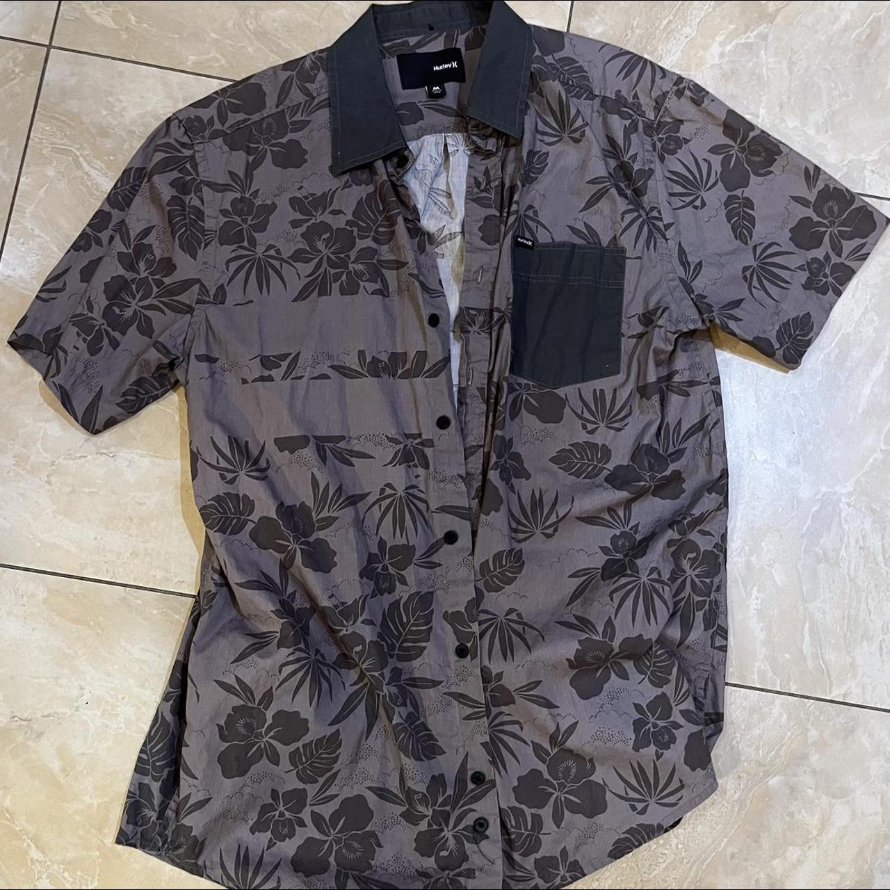 Gray button up Hurley polo short sleeve tropical... - Depop