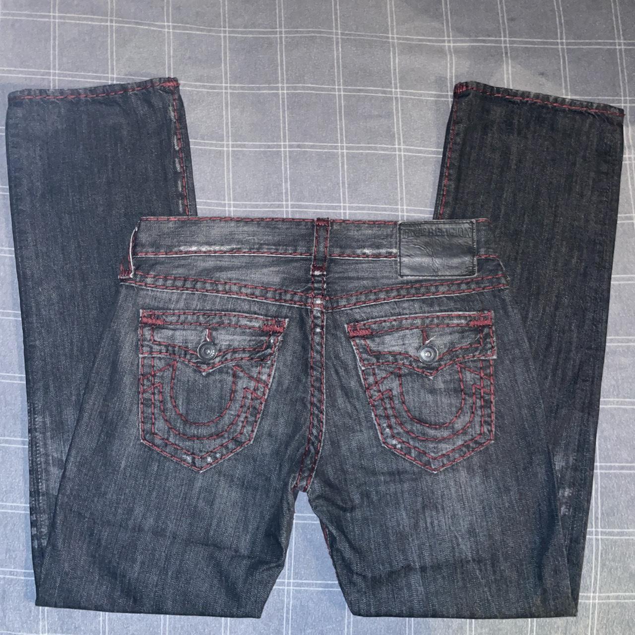 black true religion jeans with red stitching Size... - Depop