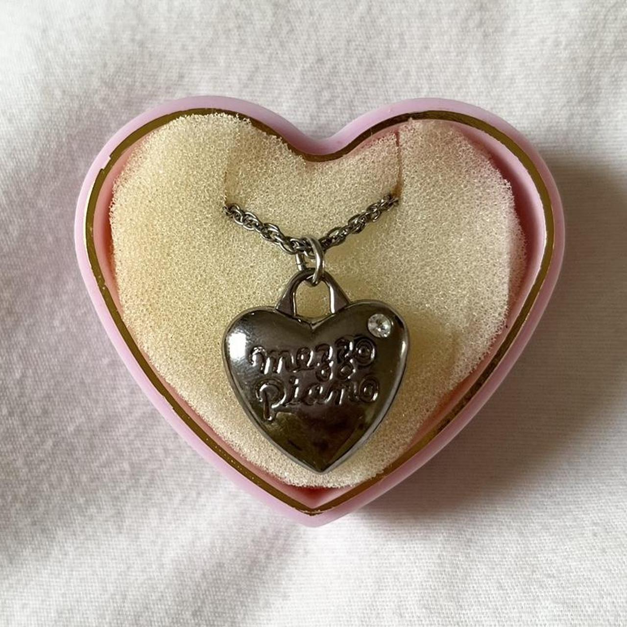 mezzo piano silver heart necklace with rhinestone... - Depop
