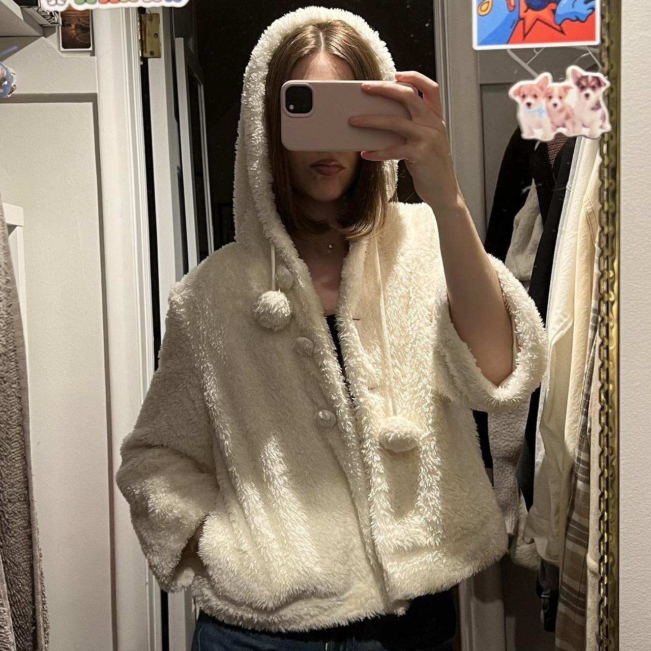 fluffy plush cream pompom coat/jacket best fits... - Depop
