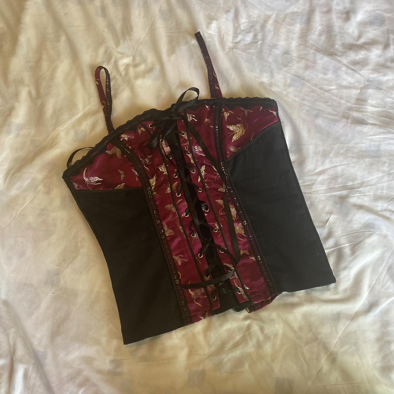 Black and burgundy silky butterfly corset top by... - Depop
