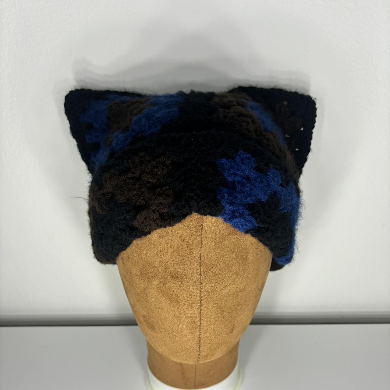 soft and comfy granny square cat ear beanie 💙🖤🤎... | Depop